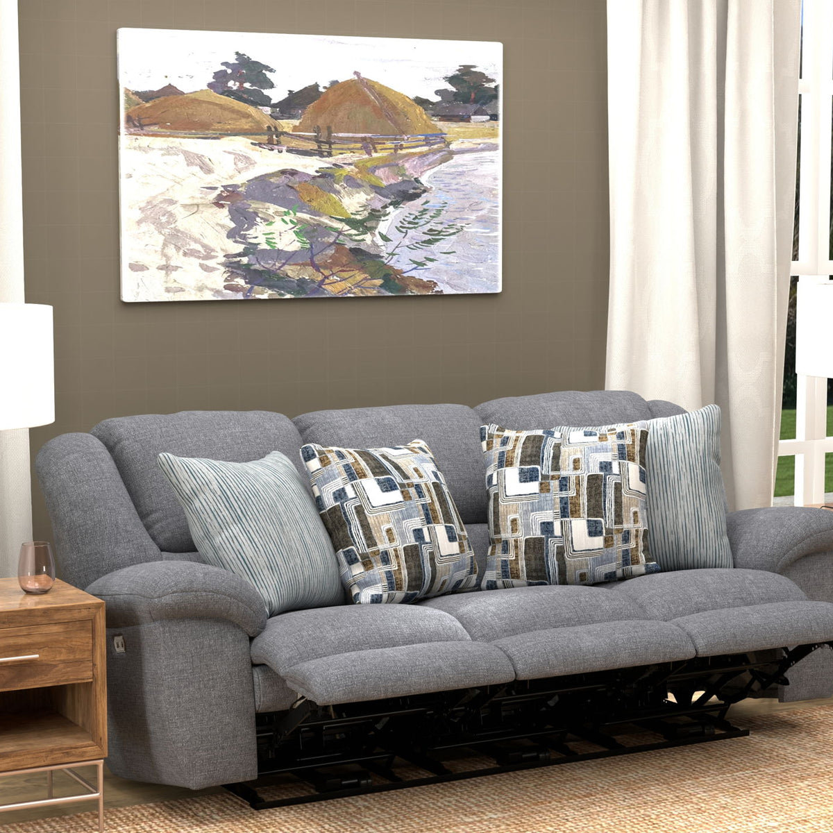 Trifecta - Power Sofa With 3 Recliners And Drop Down Table - Smoke ...